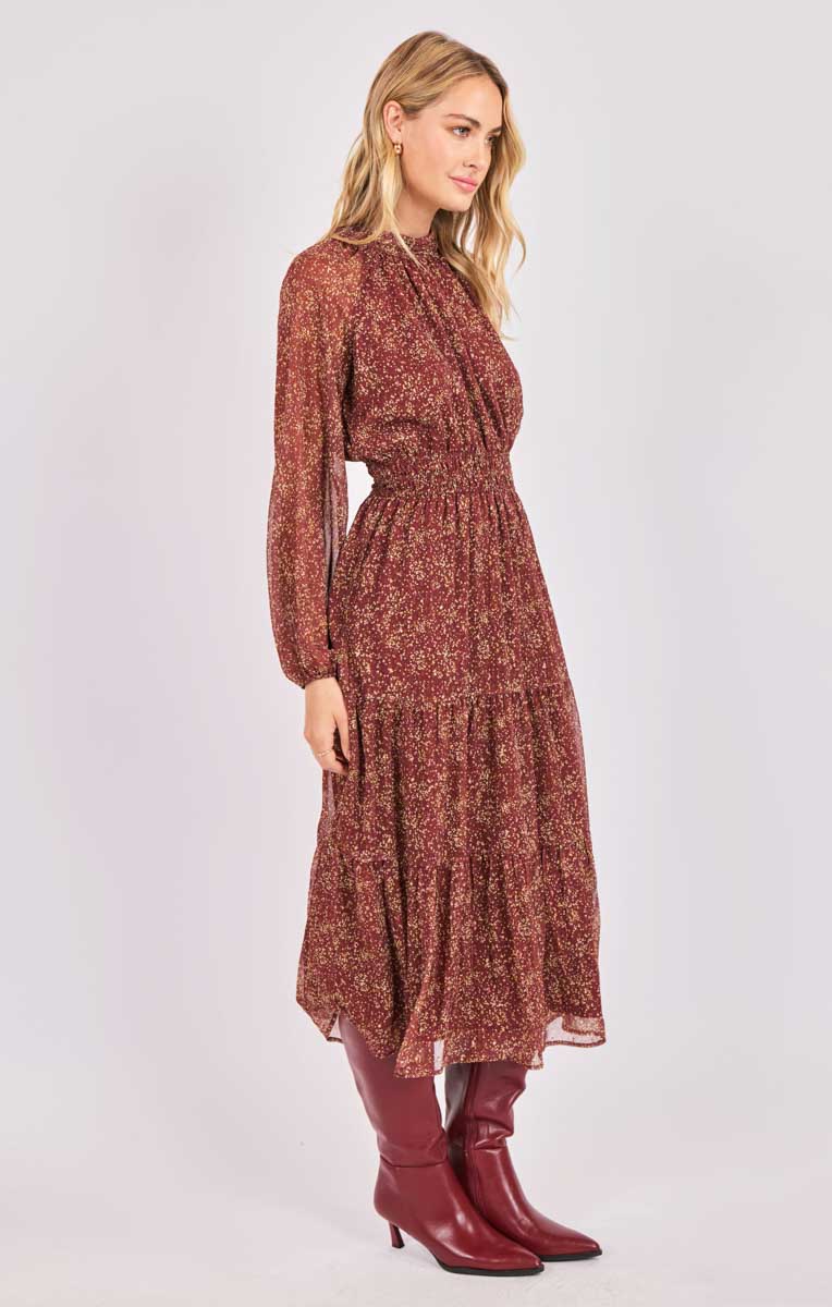 Candlelight Tiered Midi Dress - Burgundy Multi – West on Main