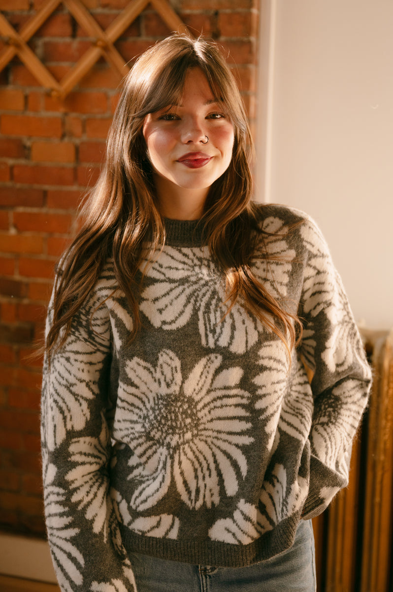 Sia Floral Knit Sweater - Light Grey – West on Main